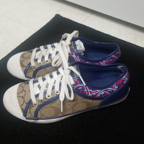 Coach | Shoes | Coach Signature Sneakers Blue Leather Trim Shoes | Poshmark